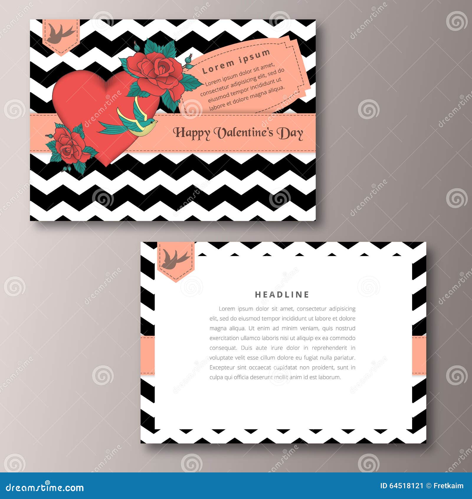 Valentines Day Vintage Card Front and Back Side Template Stock Vector ...