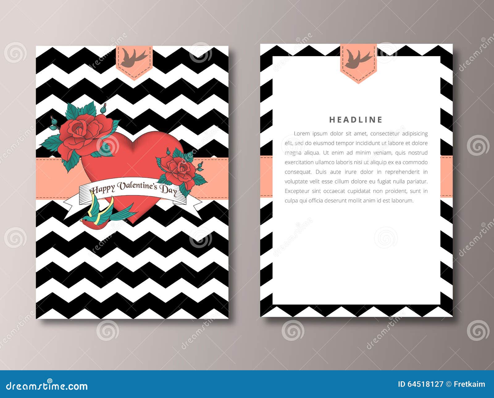 Valentines Day Vintage Card Front And Back Side Template Cartoon Vector ...