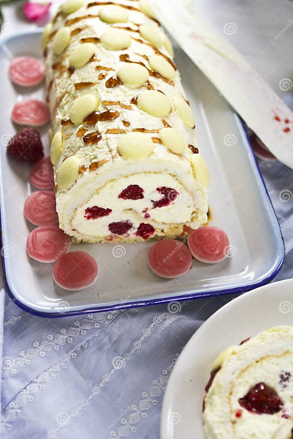 Valentines Raspberry Roulade Stock Photo - Image of delicious, cream ...