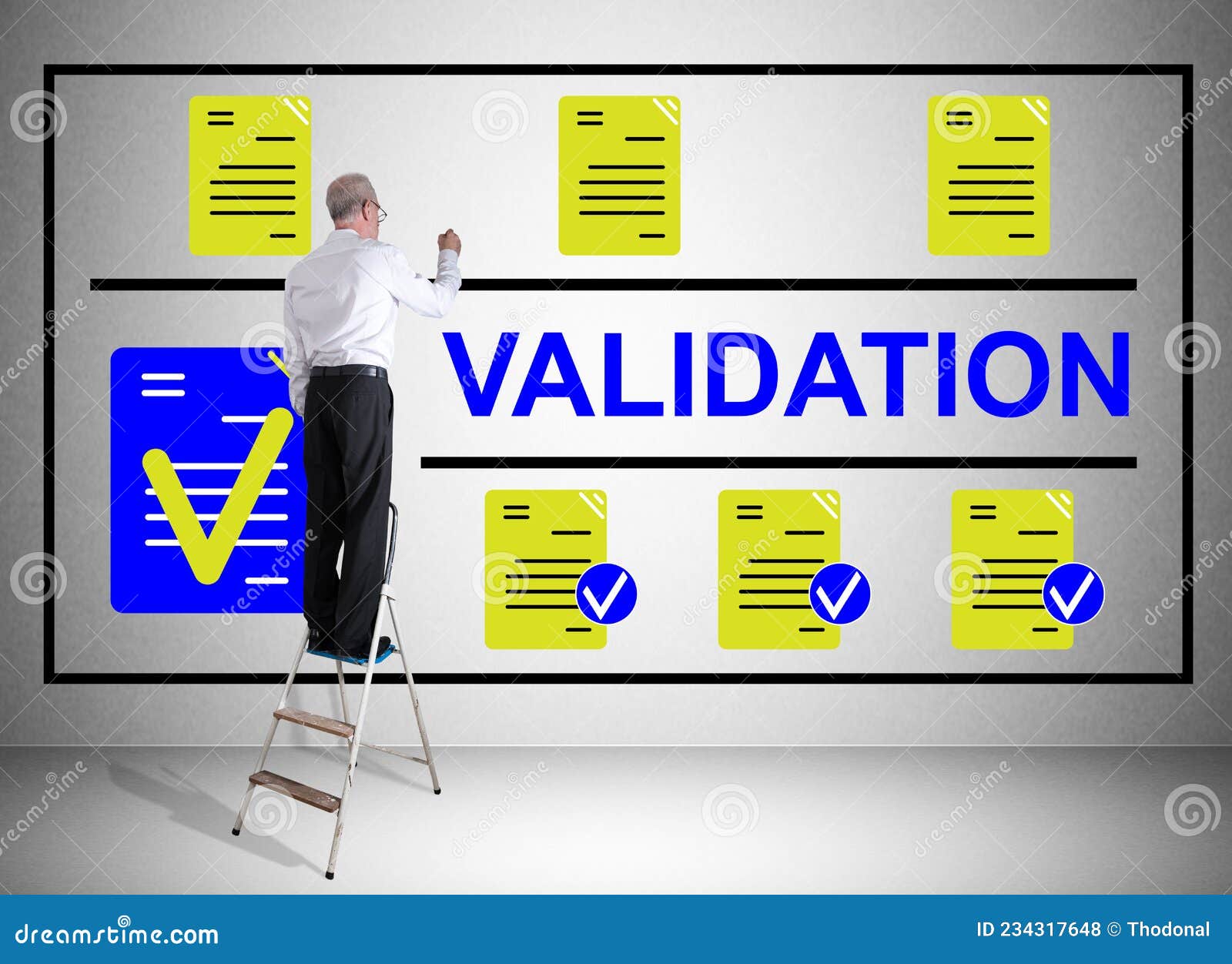 Validation Concept Drawn by a Man on a Ladder Stock Photo - Image of ...