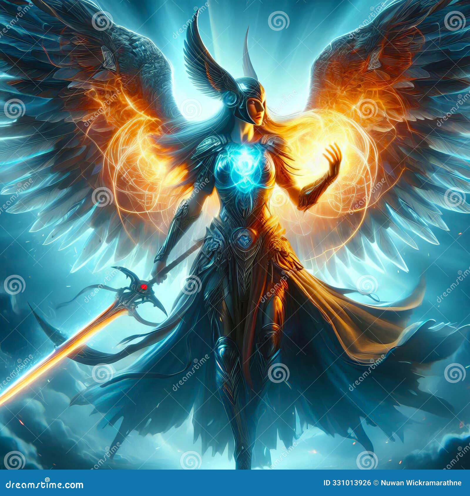 Valkyrie with Glowing Wings and Sword Radiating Power from within Stock ...