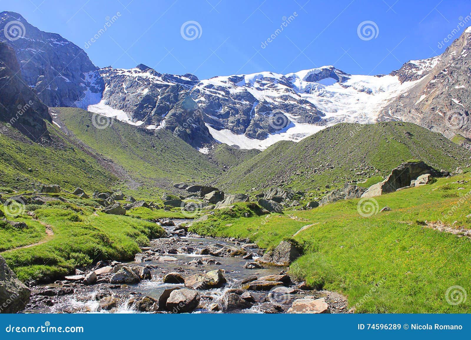 Valley with Alps and the River Stock Image - Image of glacial, rocks ...