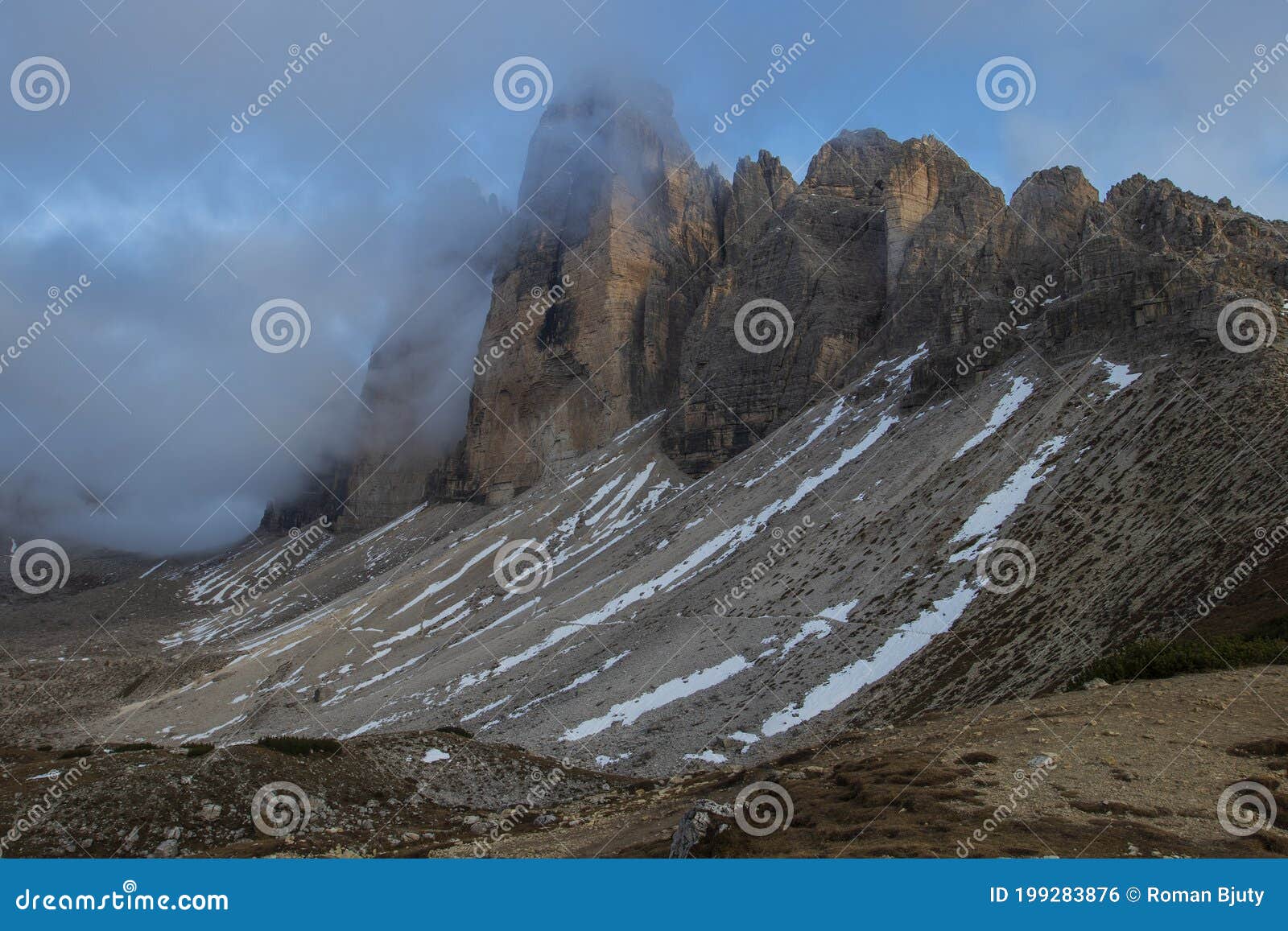 The Valley Below the Tre Cime Mountain in the Italian Dolomites with an ...