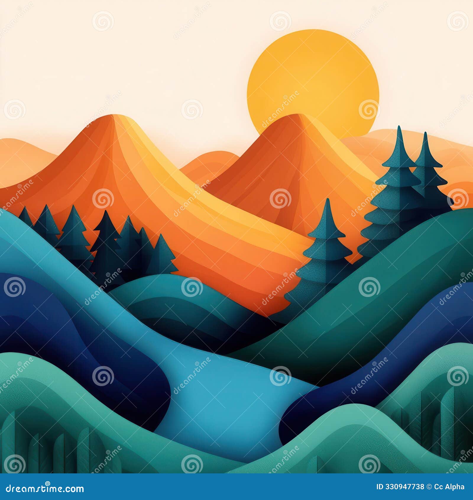 Valley Landscape Flat Design Top View Dawn Theme Cartoon Drawing ...