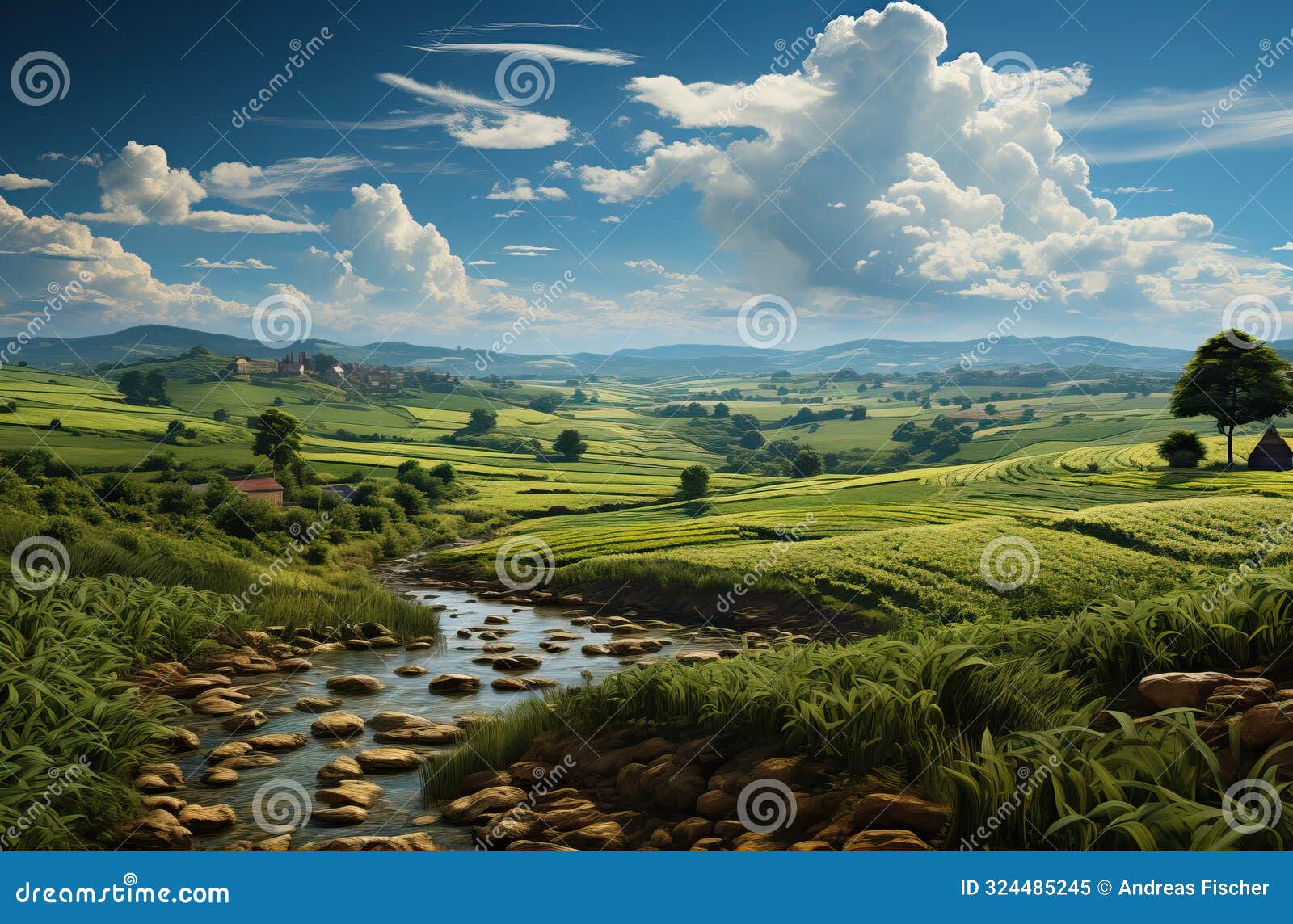 River Valley Landscape with Clouds Stock Image - Image of stream, hills ...