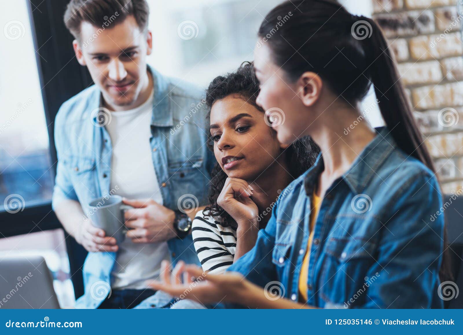 Musing Three Students Sharing Thoughts Stock Photo - Image of friends ...