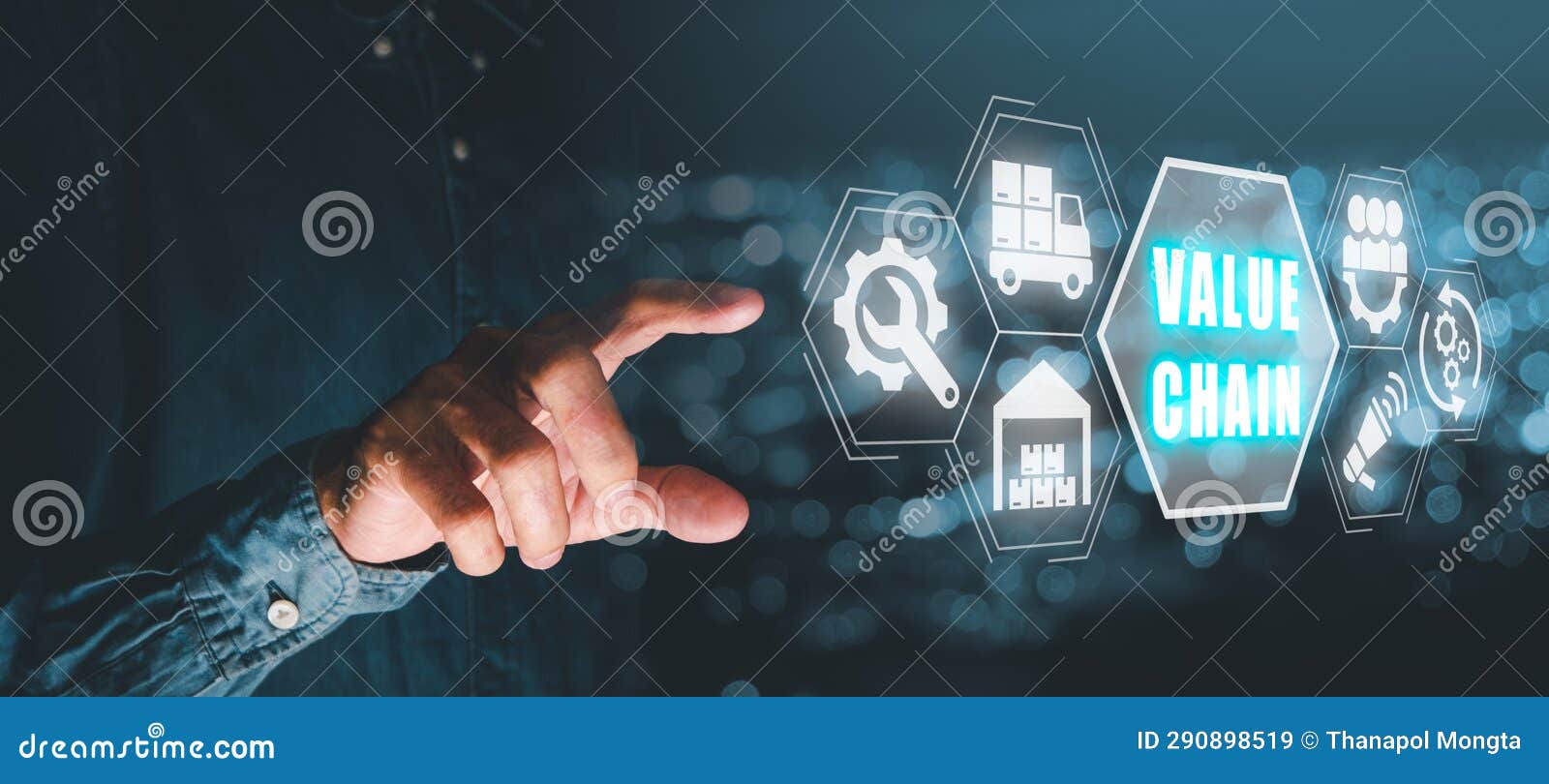 Businessman Hand Touching Value Chain Icon on Virtual Screen with Blue ...