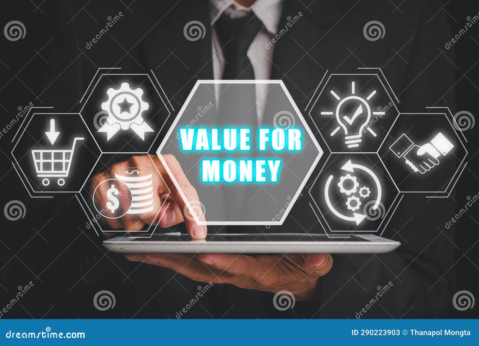 Businessman Using Digital Tablet with Value for Money Icon on Virtual ...
