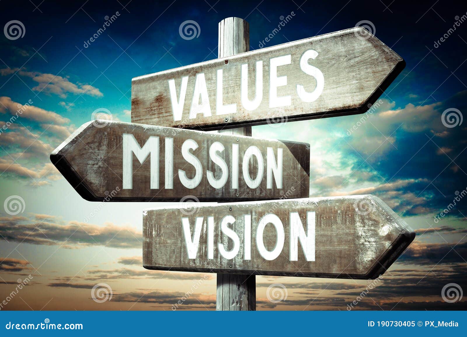 Values, Mission, Vision - Wooden Signpost, Roadsign With Three Arrows ... Values, Mission, Vision - Wooden Signpost, Roadsign With Three Arrows ...