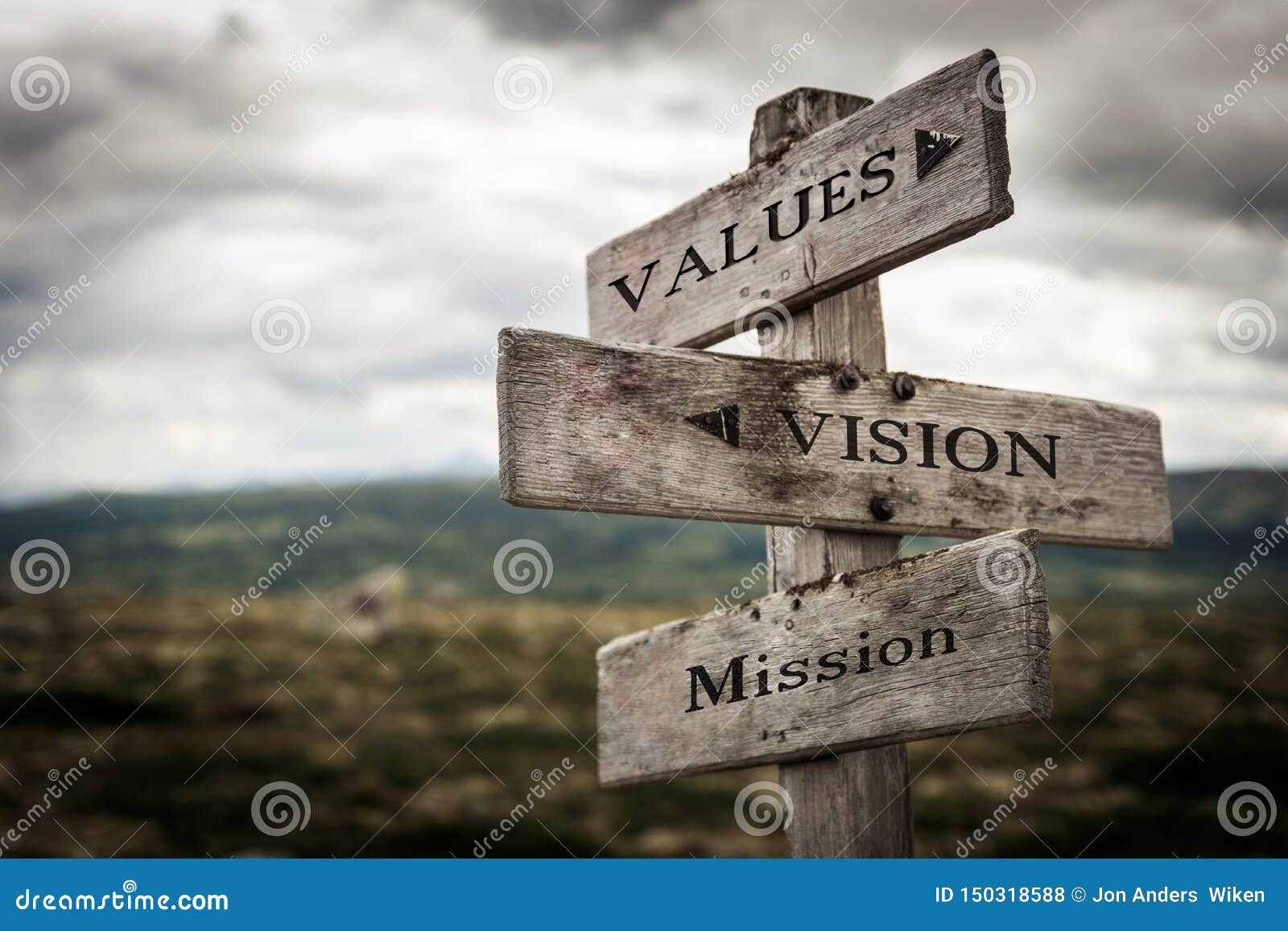 Values, Mission, Vision - Wooden Signpost, Roadsign With Three Arrows ... Values, Mission, Vision - Wooden Signpost, Roadsign With Three Arrows ...