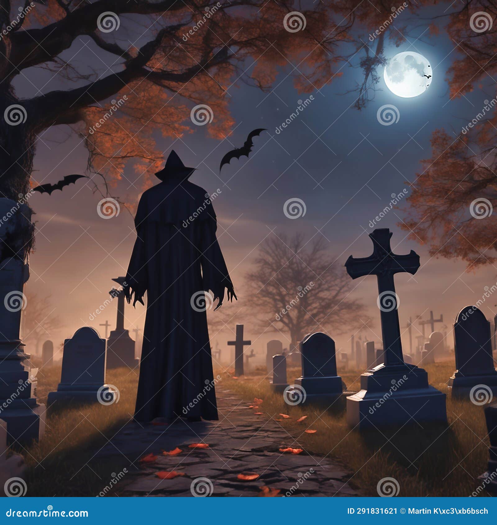 Vampire in the Cemetery with a View of the Full Moon. Bats and Graves ...
