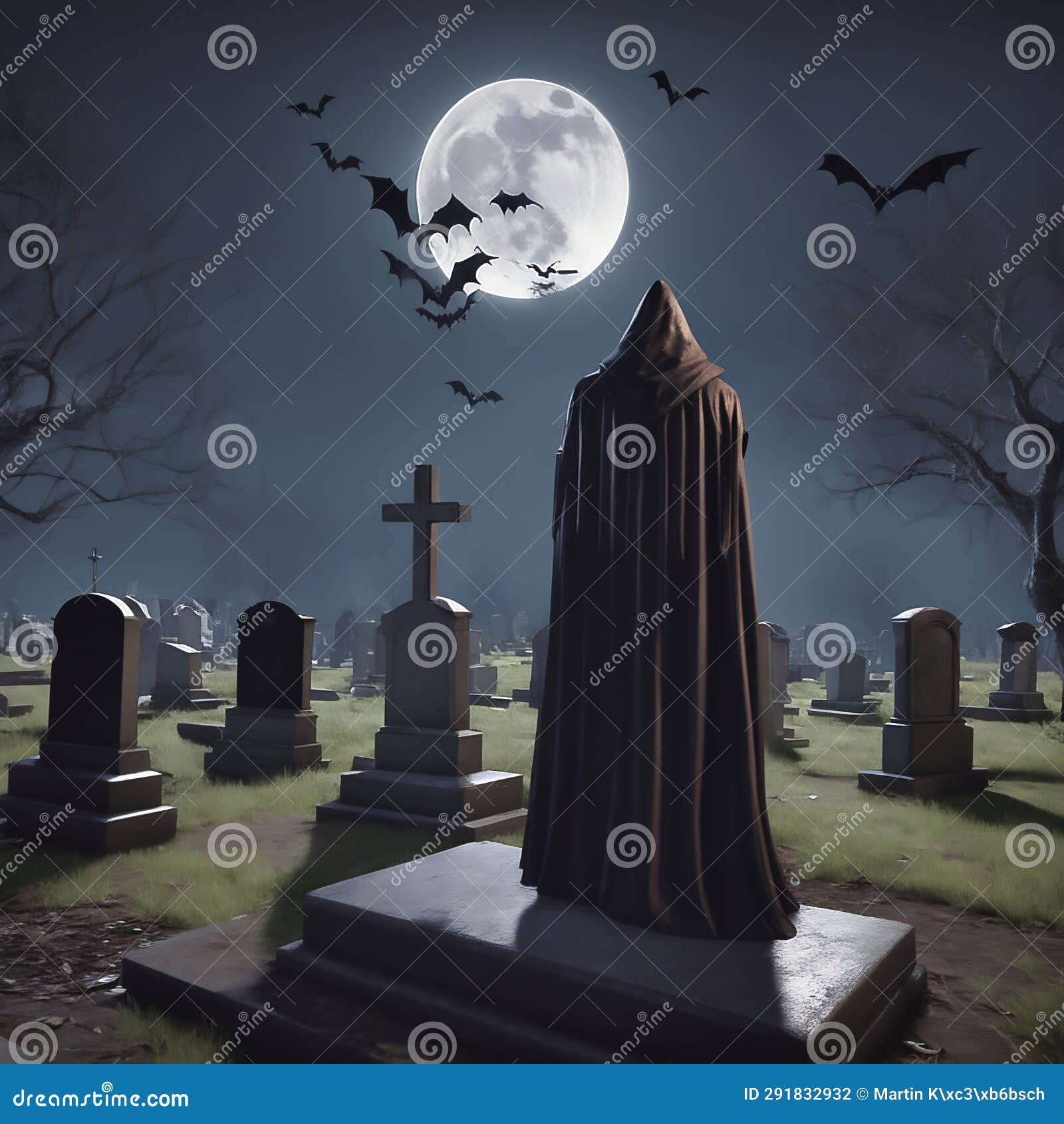 Vampire in the Cemetery with a View of the Full Moon. Bats and Graves ...