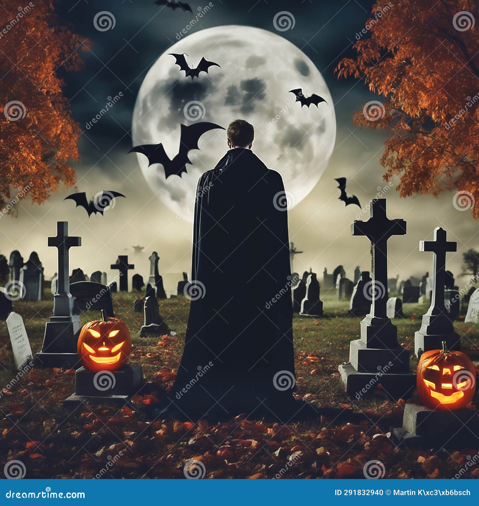 Vampire in the Cemetery with a View of the Full Moon. Bats and Graves ...