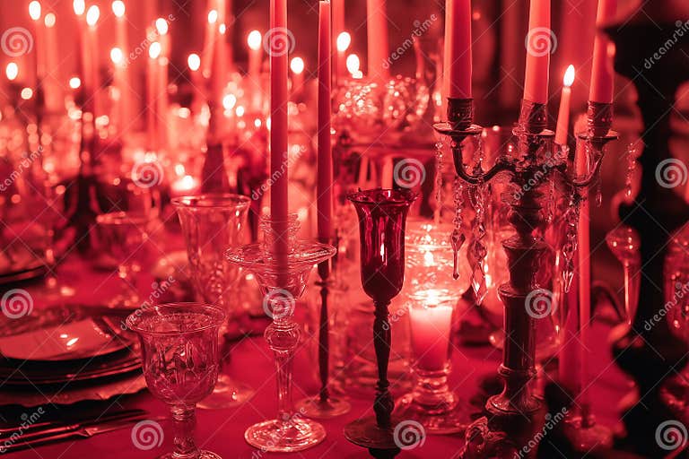 Vampire-Themed Table Setting with Red Light, Candlelight and Glases ...