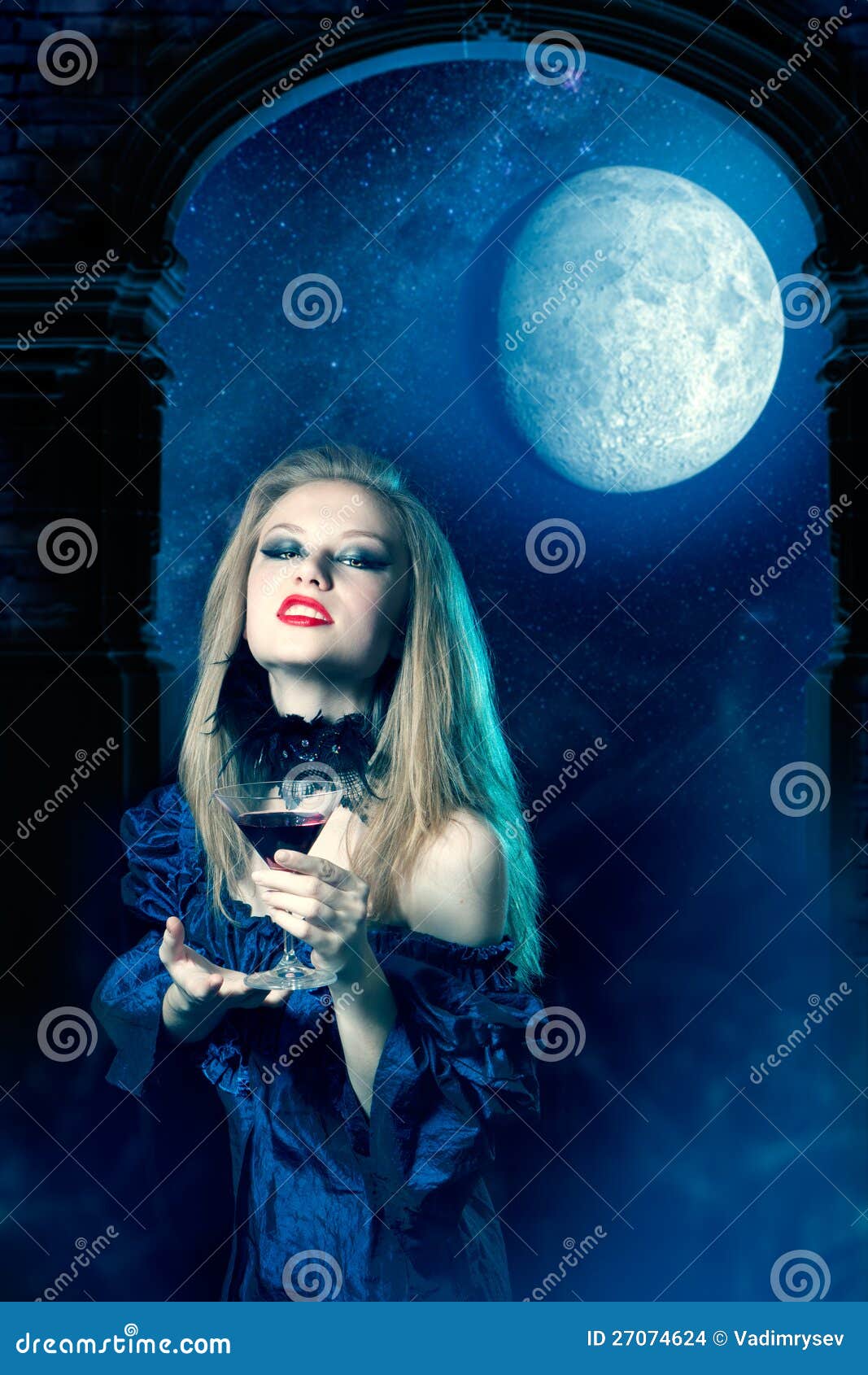 Vampire Woman Offers Glass of Wine Stock Photo - Image of hell, blue ...