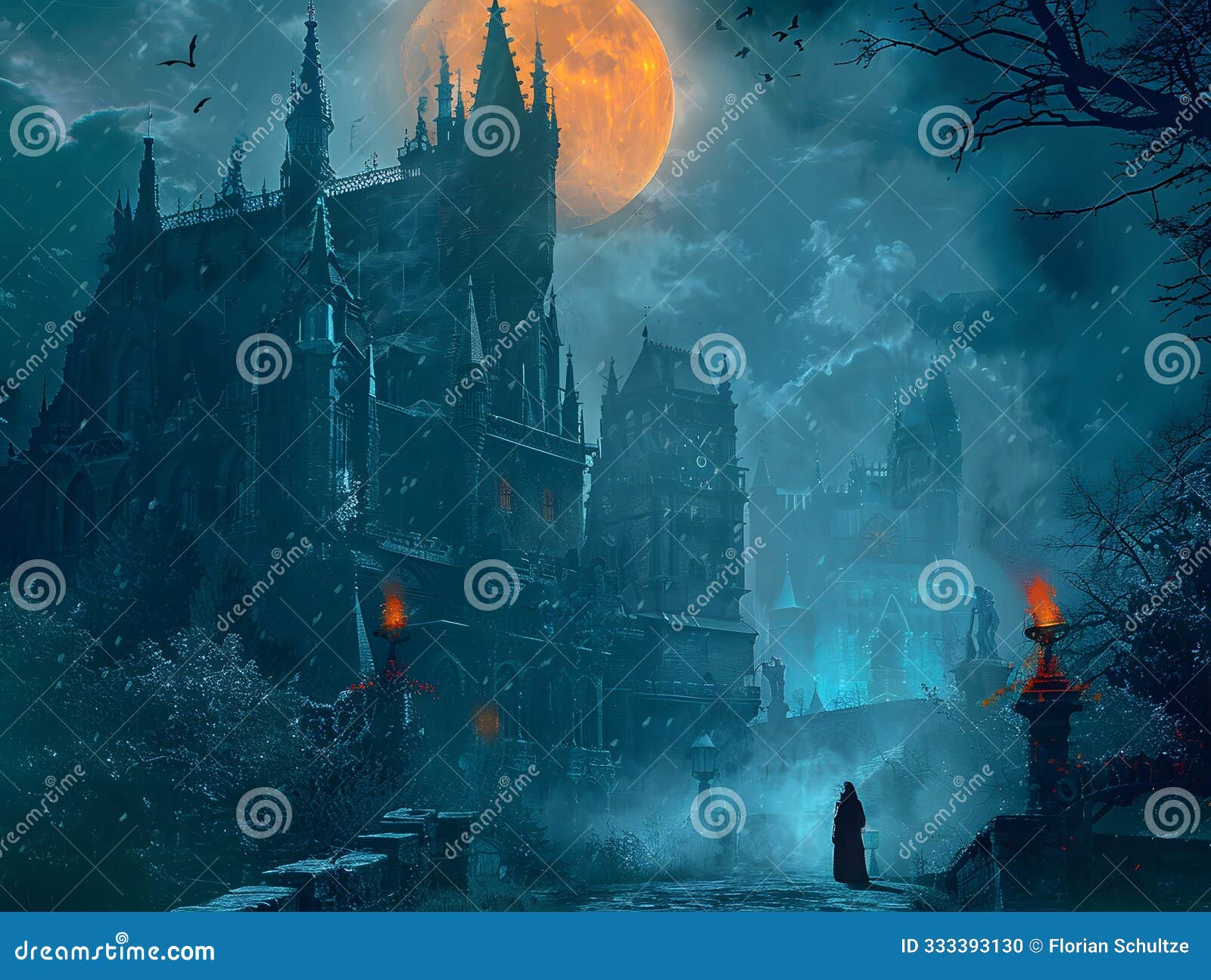 Vampires in a Gothic Castle Under a Full Moon Stock Illustration ...