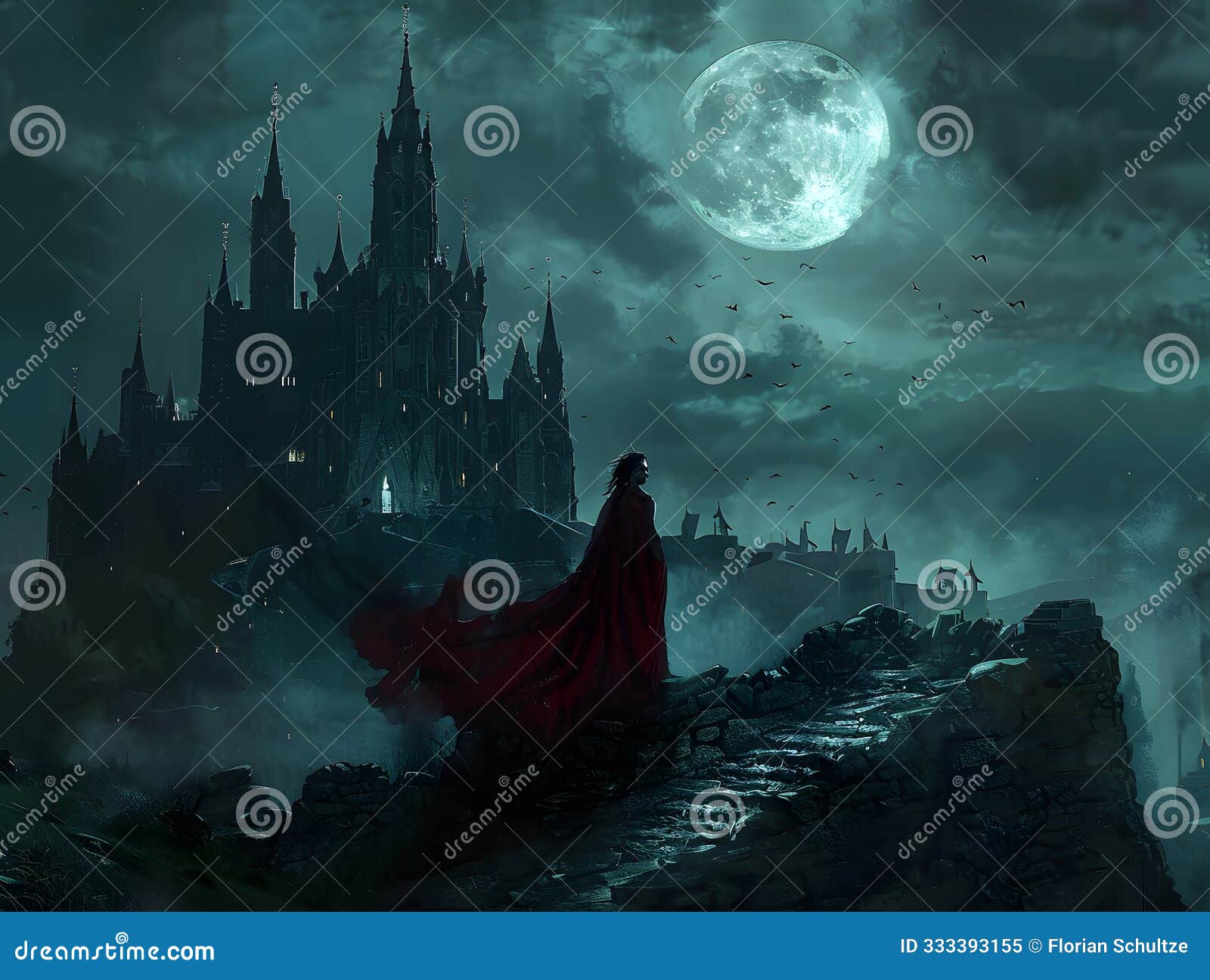 Vampires in a Gothic Castle Under a Full Moon Stock Illustration ...