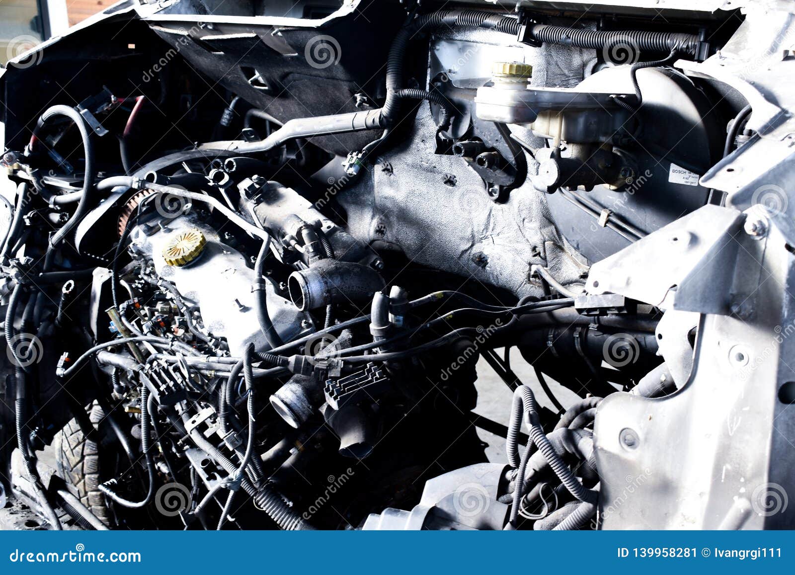Van Auto Disassembled Engine in Mechanical Workshop Stock Image - Image ...