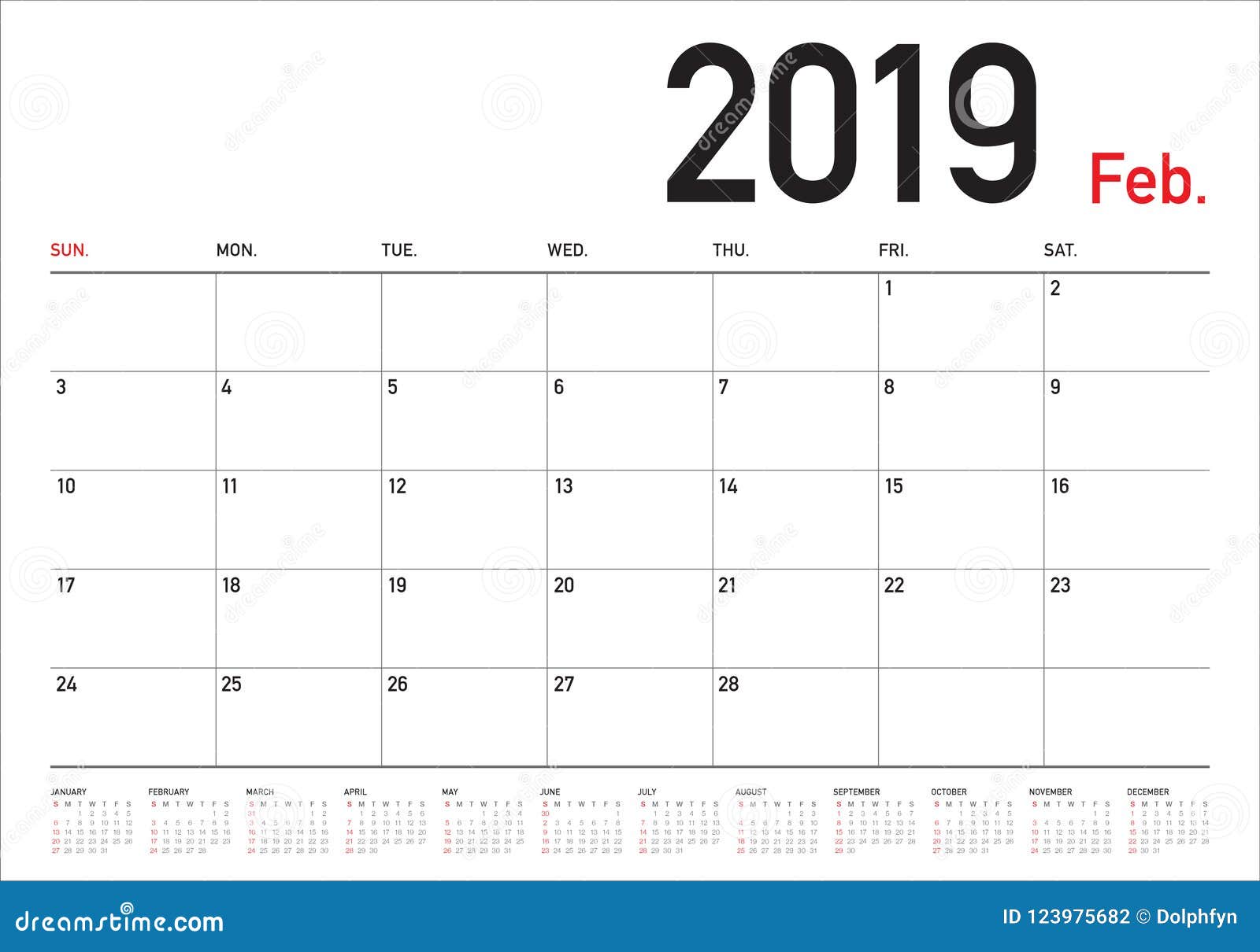 Van De Het Bureaukalender Van Februari 2019 De Vectorillustratie Vector ...
