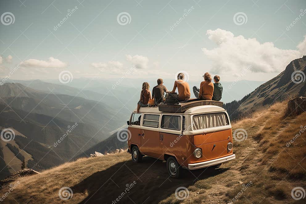 Van with Group of Friends, Taking in the View from Beautiful Mountain ...