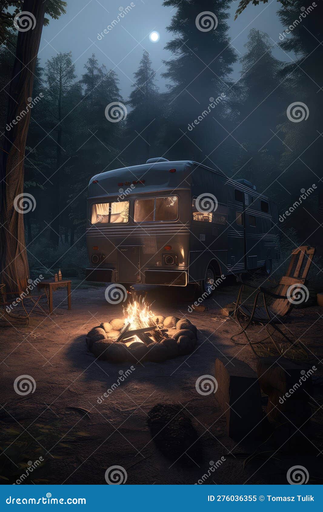 Van Life, RV Motohome a Campfire in the Forest, Moon, Ai Generative ...
