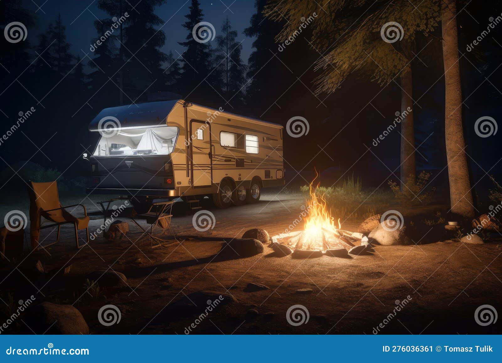 Van Life, RV Motohome a Campfire in the Forest, Moon, Ai Generative ...
