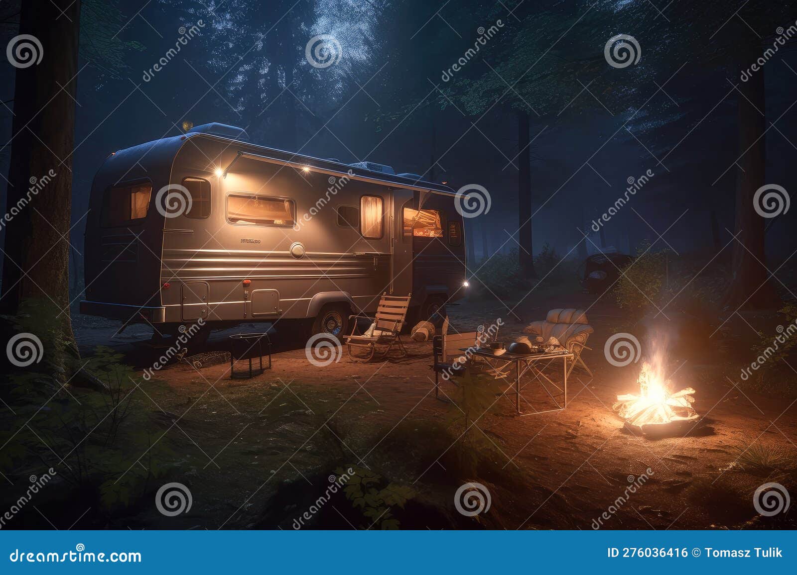 Van Life, RV Motohome a Campfire in the Forest, Moon, Ai Generative ...