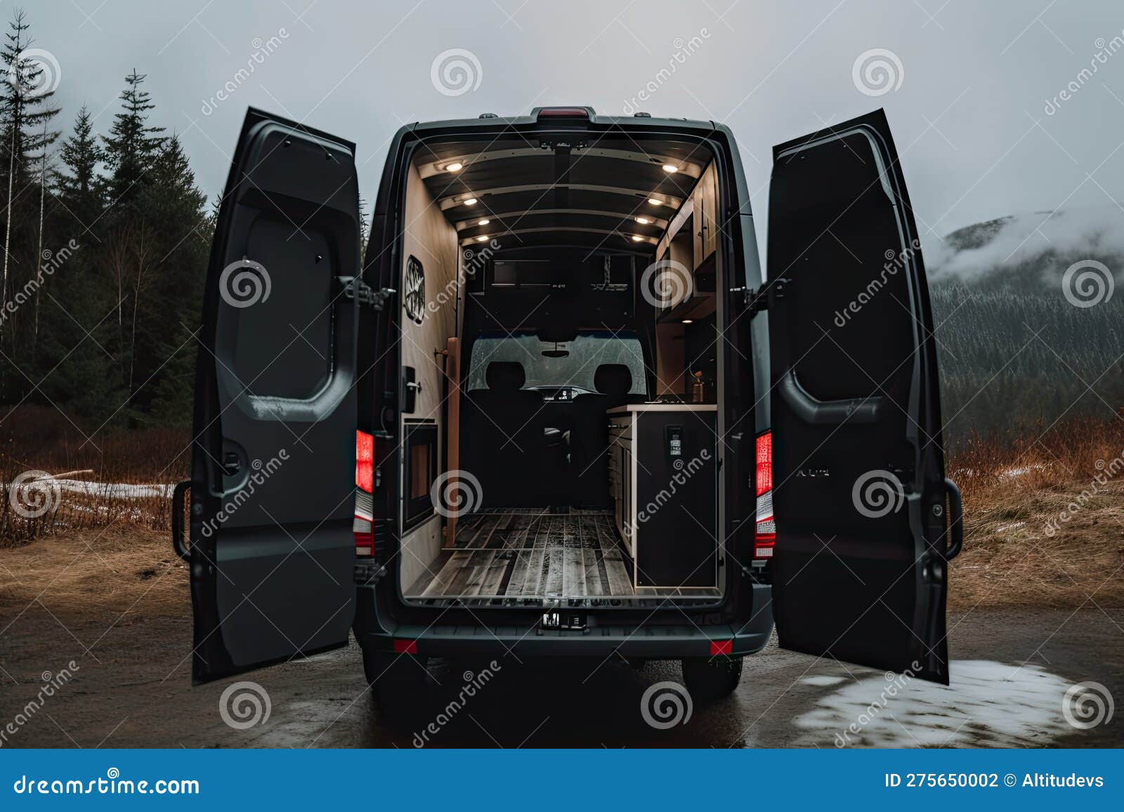 Van with Open Back Hatch, Ready for Adventure Stock Illustration ...