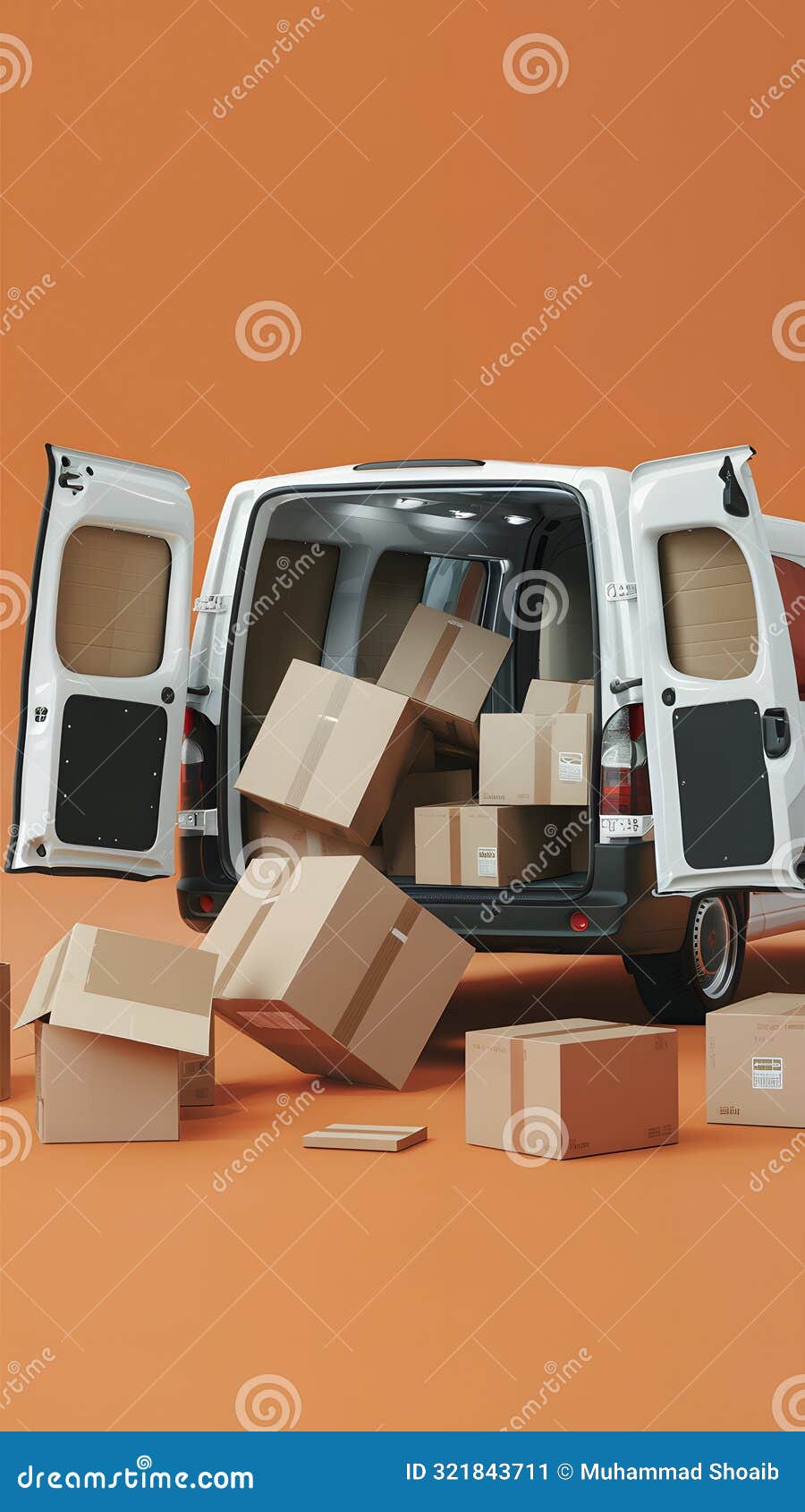 Van with Open Doors and Scattered Boxes on Ground in Chaotic Setting ...