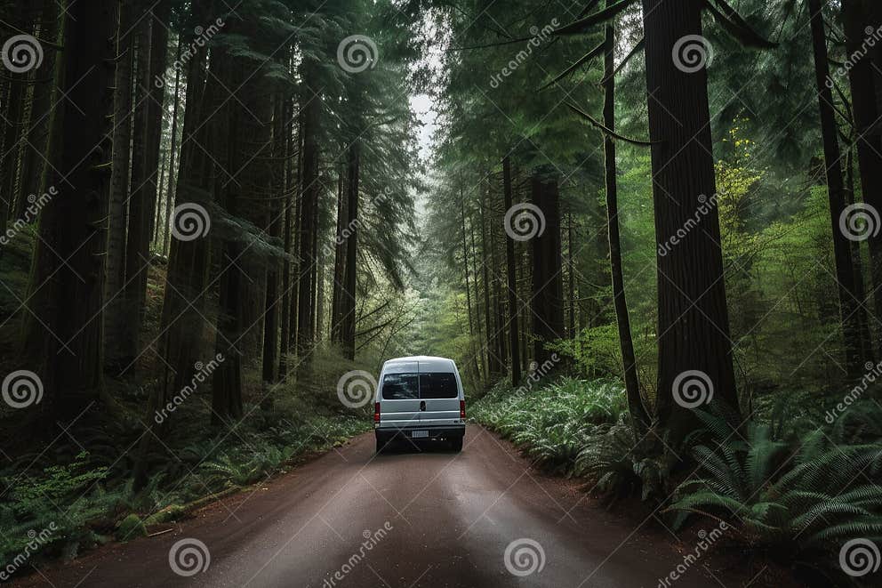 Van Ride through a Serene Forest with Towering Trees Stock Illustration ...