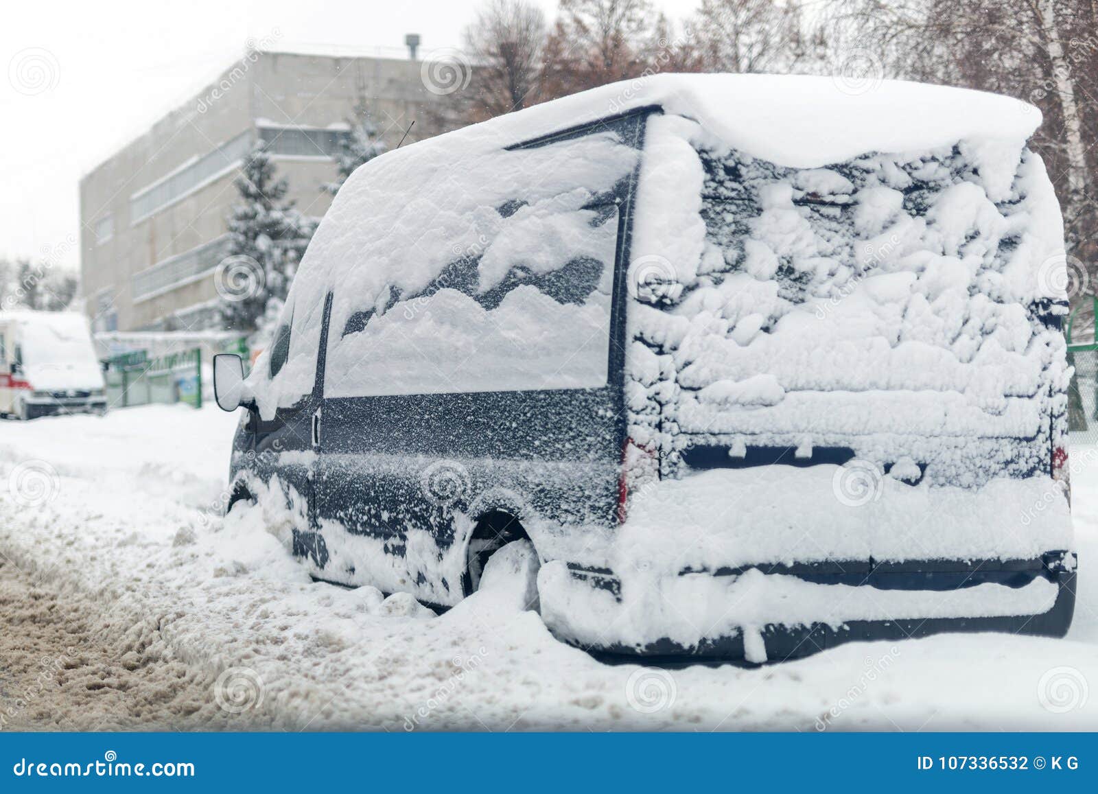 Van on a Street Covered with Big Snow Layer. Stock Photo - Image of ...