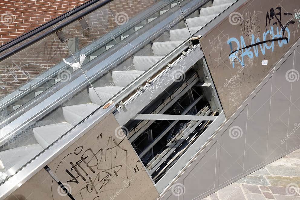 Broken and Vandalized Escalator Stock Photo - Image of broken, concept ...