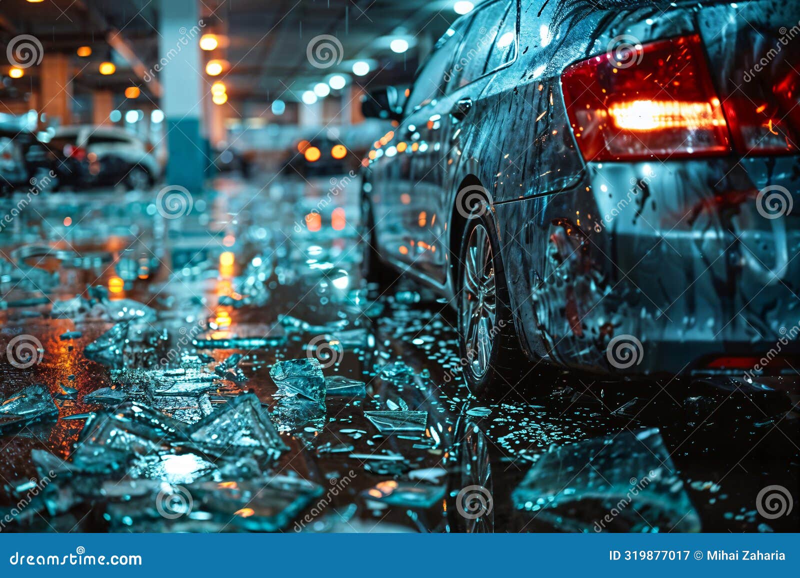 Vandalized Car in Parking Garage with Broken Glass on the Ground ...