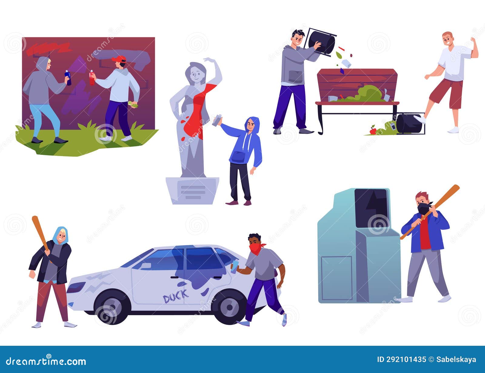 Vandals and Hooligans Damaging Public Property, Set of Flat Vector ...