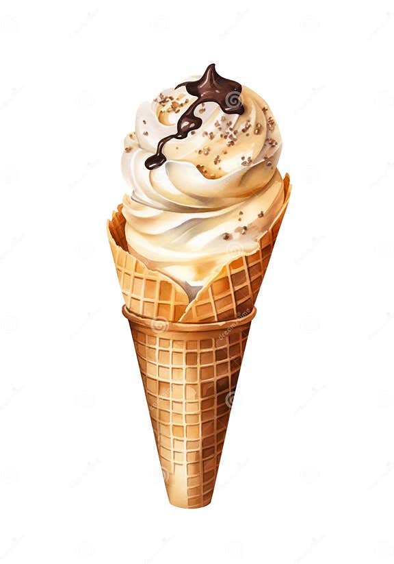 Vanilla Ice Cream With Chocolate Topping In A Waffle Cone Stock