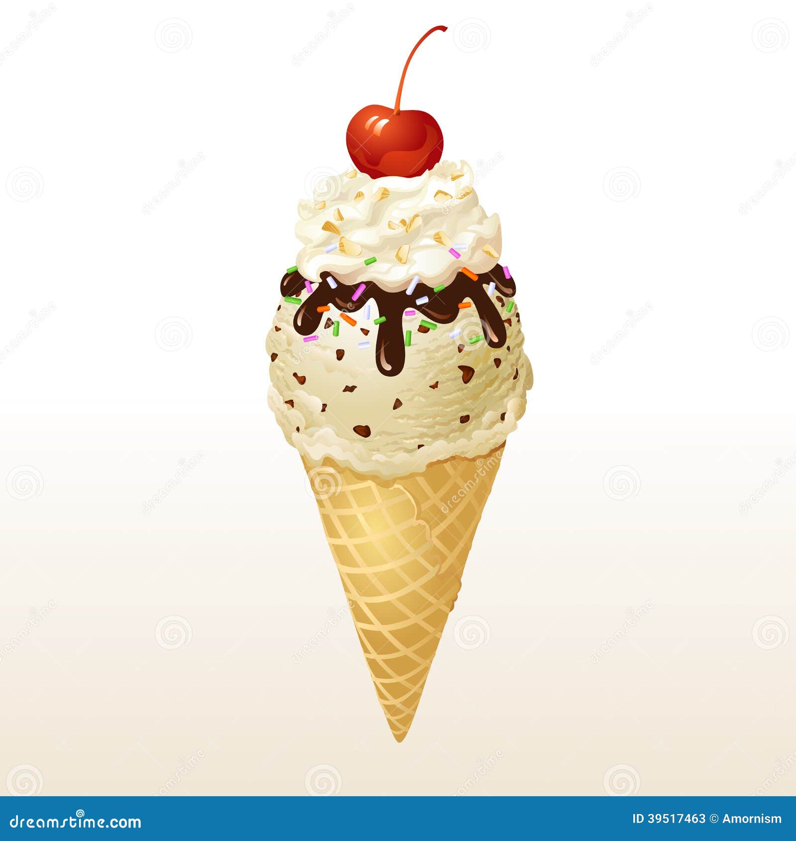 Ice Cream Cone Vector Illustration With Dripping Pink Glaze And Wafer ...