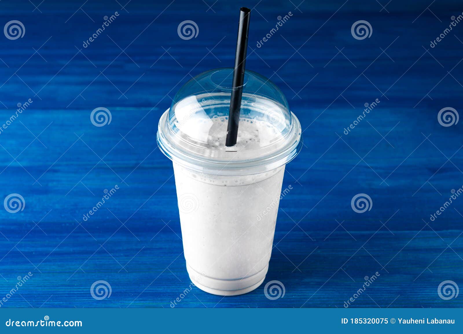 Vanilla Milkshake In Plastic Glass On A Dark Background Vanilla Milkshake In Takeaway Cup Stock