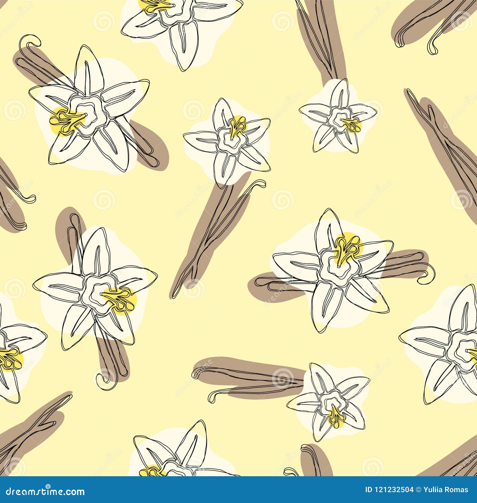 Vanilla Stick and Flower Vector Hand Drawn Seamless Pattern. Flavor ...