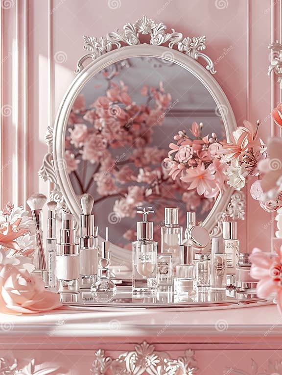 A Vanity Table Featuring a Decorative Mirror and an Array of Cosmetics ...