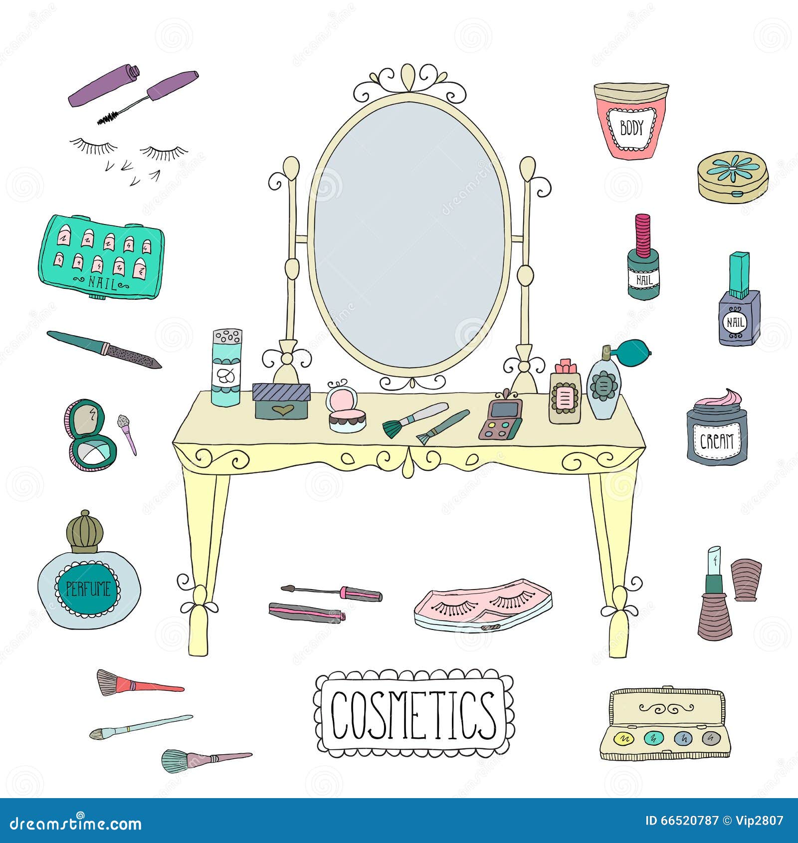 Vanity Table with Mirror and Makeup. Stock Vector - Illustration of ...