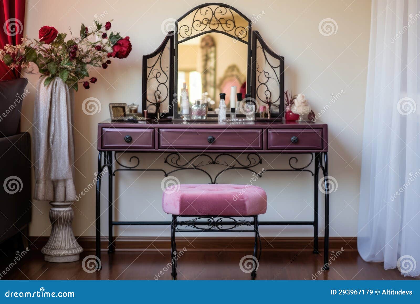 Vanity Table with Tri-fold Mirror and Velvet Stool Stock Illustration ...