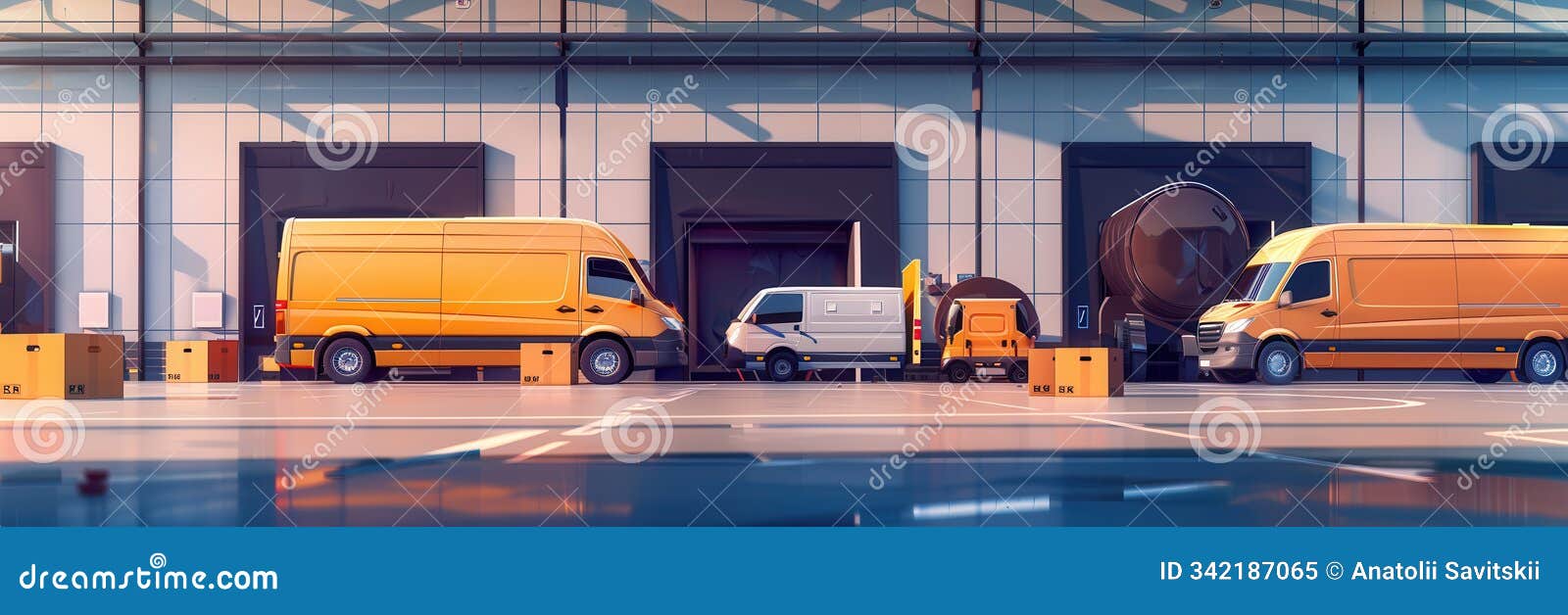 Vans and Trucks Stand Ready at a Warehouse Loading Area, Organized for ...