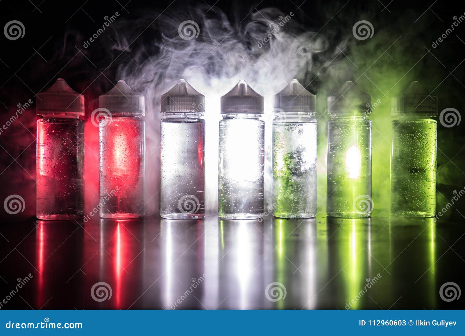 Vape Concept. Smoke Clouds and Vape Liquid Bottles on Dark Background ...
