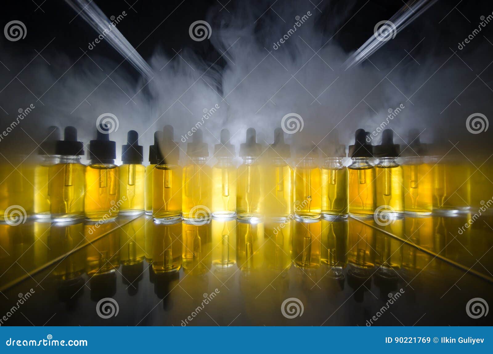 Vape Concept. Smoke Clouds and Vape Liquid Bottles on Dark Background ...