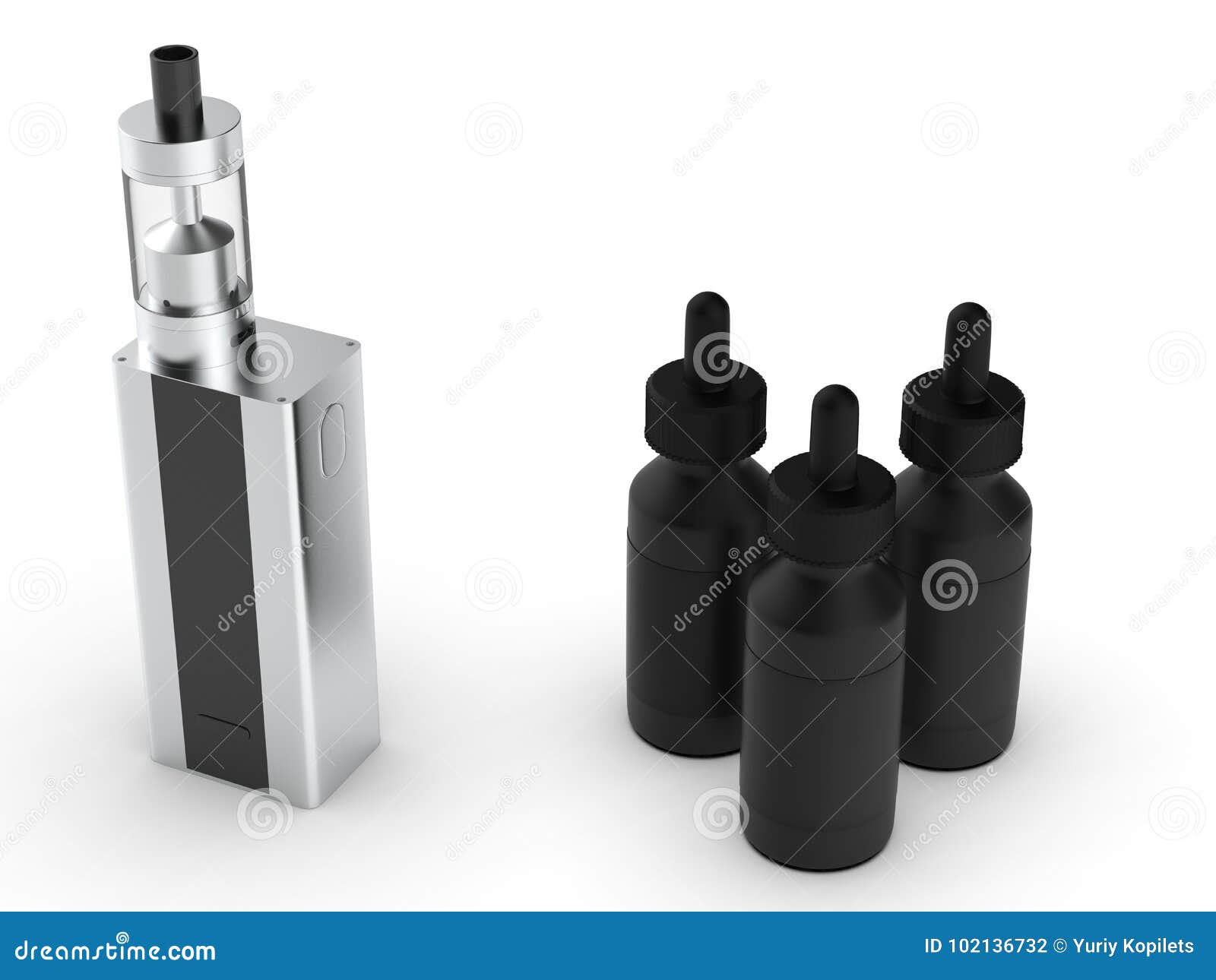 Vaping Mod E-cig with Tank Atomizer and Juice Bottles. 3d Illustration ...