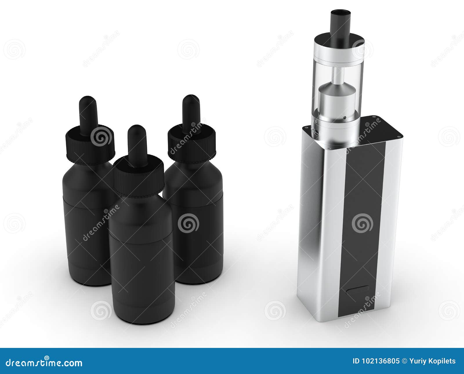Vaping Mod E-cig with Tank Atomizer and Juice Bottles. 3d Illustration ...