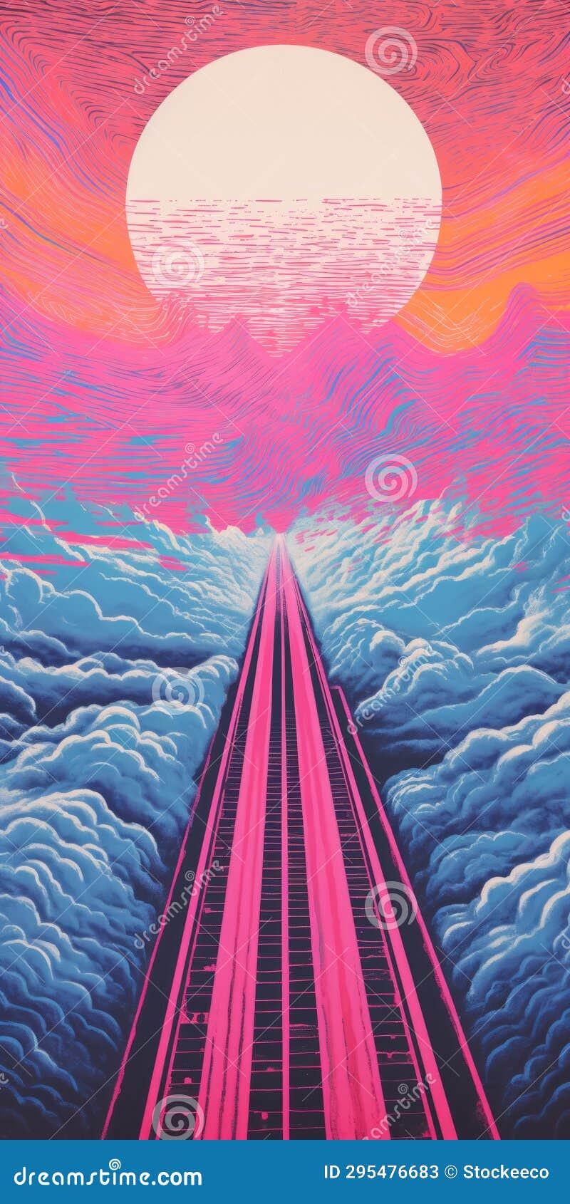 Vaporwave-inspired Abstract Painting of Train Track with Clouds and Sun ...