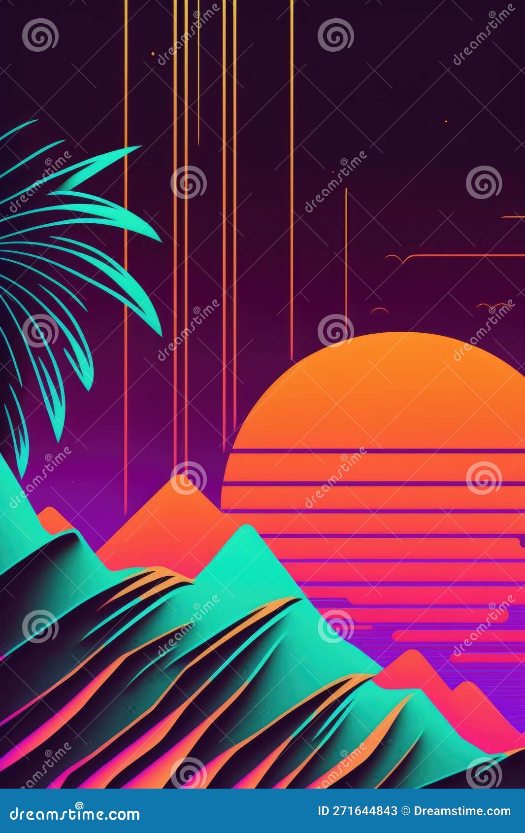 Vaporwave Landscape with Mountains, Palm Tree and Sun, Created Using ...