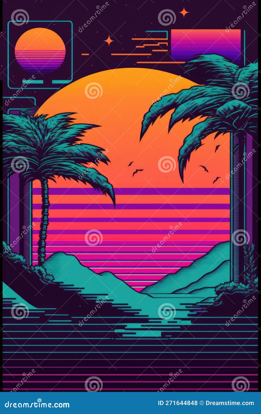 Vaporwave Landscape with Mountains, Palm Trees and Sun, Created Using ...