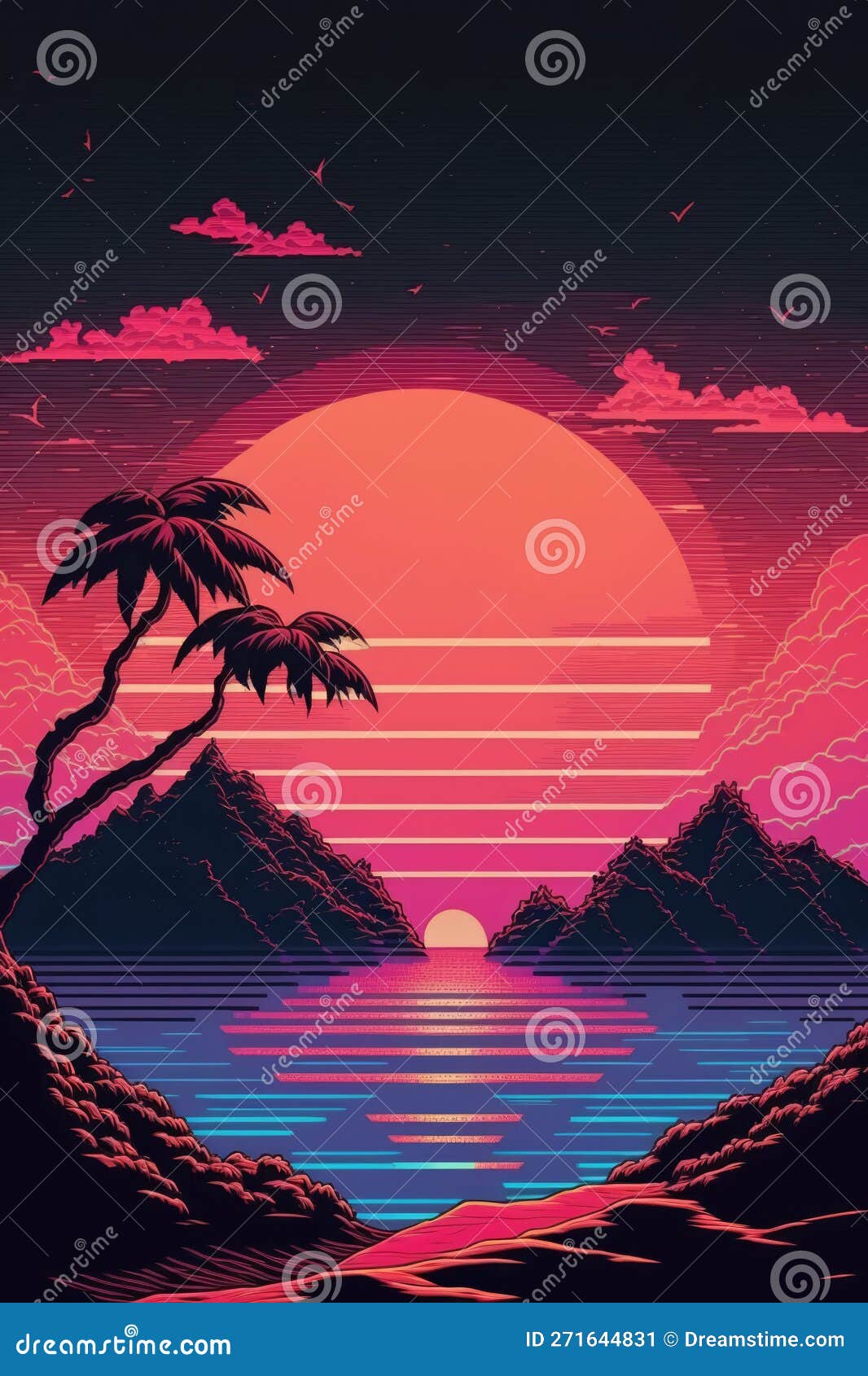 Vaporwave Landscape with Sun and Palm Trees, Created Using Generative ...